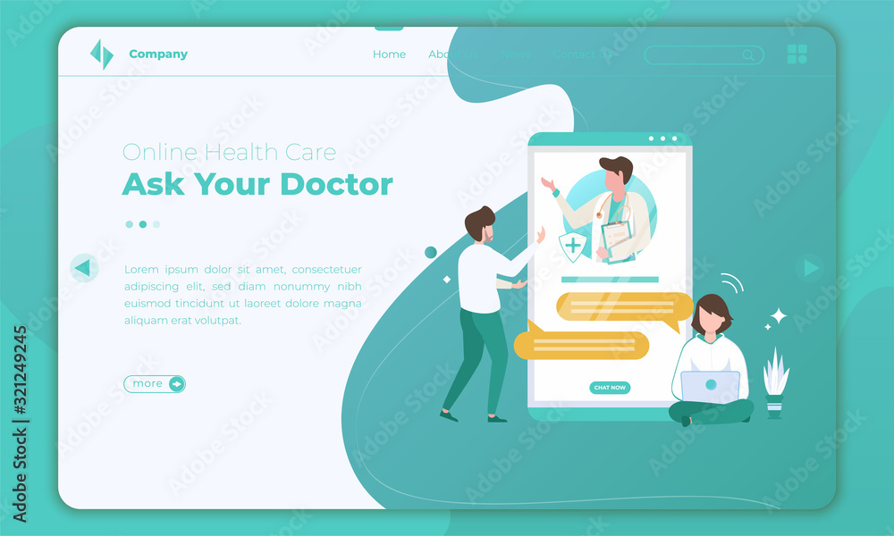 Mobile application to ask online doctor on landing page template Stock ...