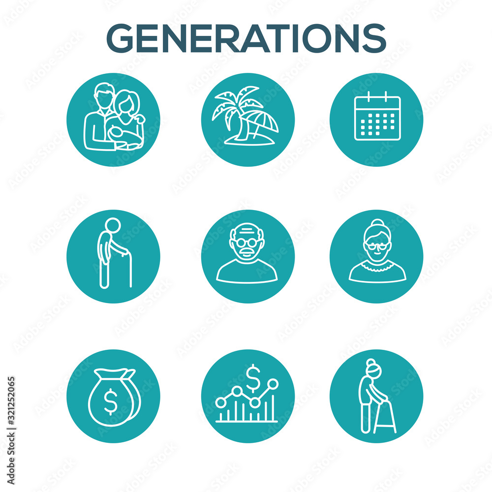 Generations - Golden Years Icon Set with retirement calendar , money ...