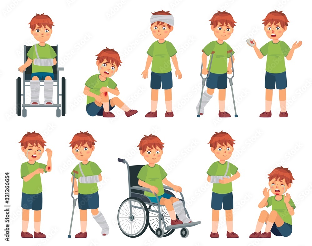 Stockvector Kid with injury. Boy bruised hand, broke leg and arm ...