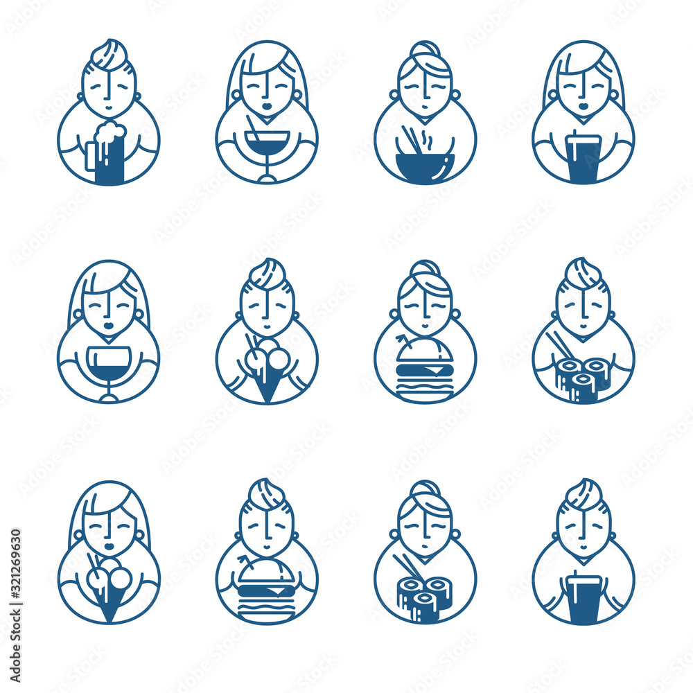 Food courts icons set. Vector illustration of outline logo design ...