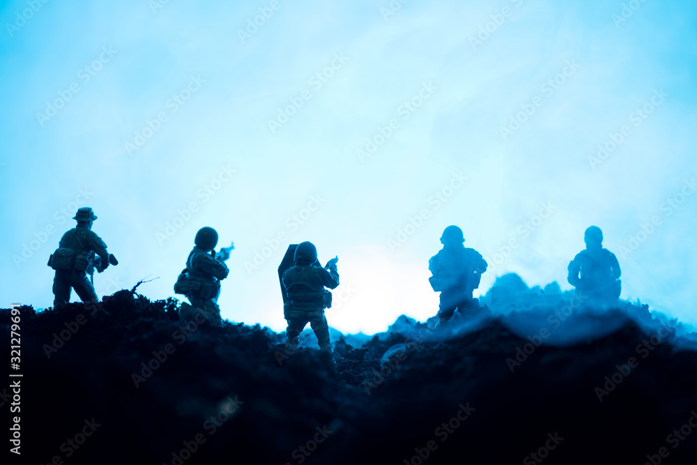 Toy soldiers with weapon and smoke on blue background, battle scene ...
