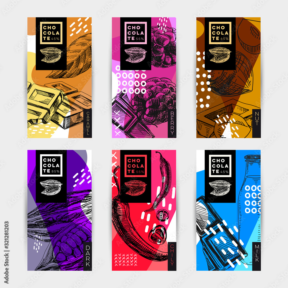 Poster Chocolate packaging labels set, hand drawn vector illustration ...