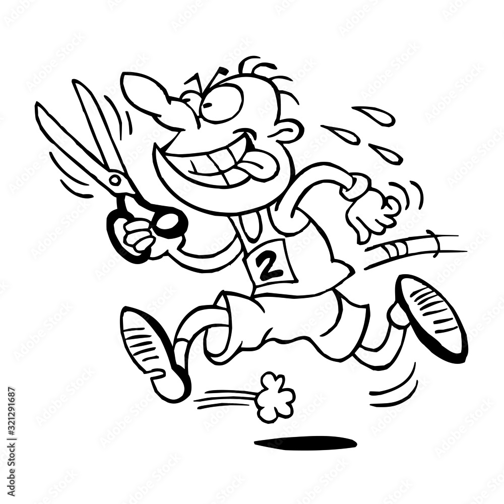 Runner running race with scissors in his hand to cut the finish tape ...