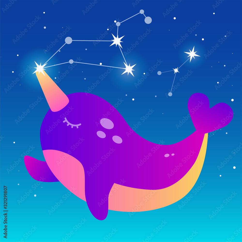 Unicorn whale with heart flipper vector illustration on night starry ...