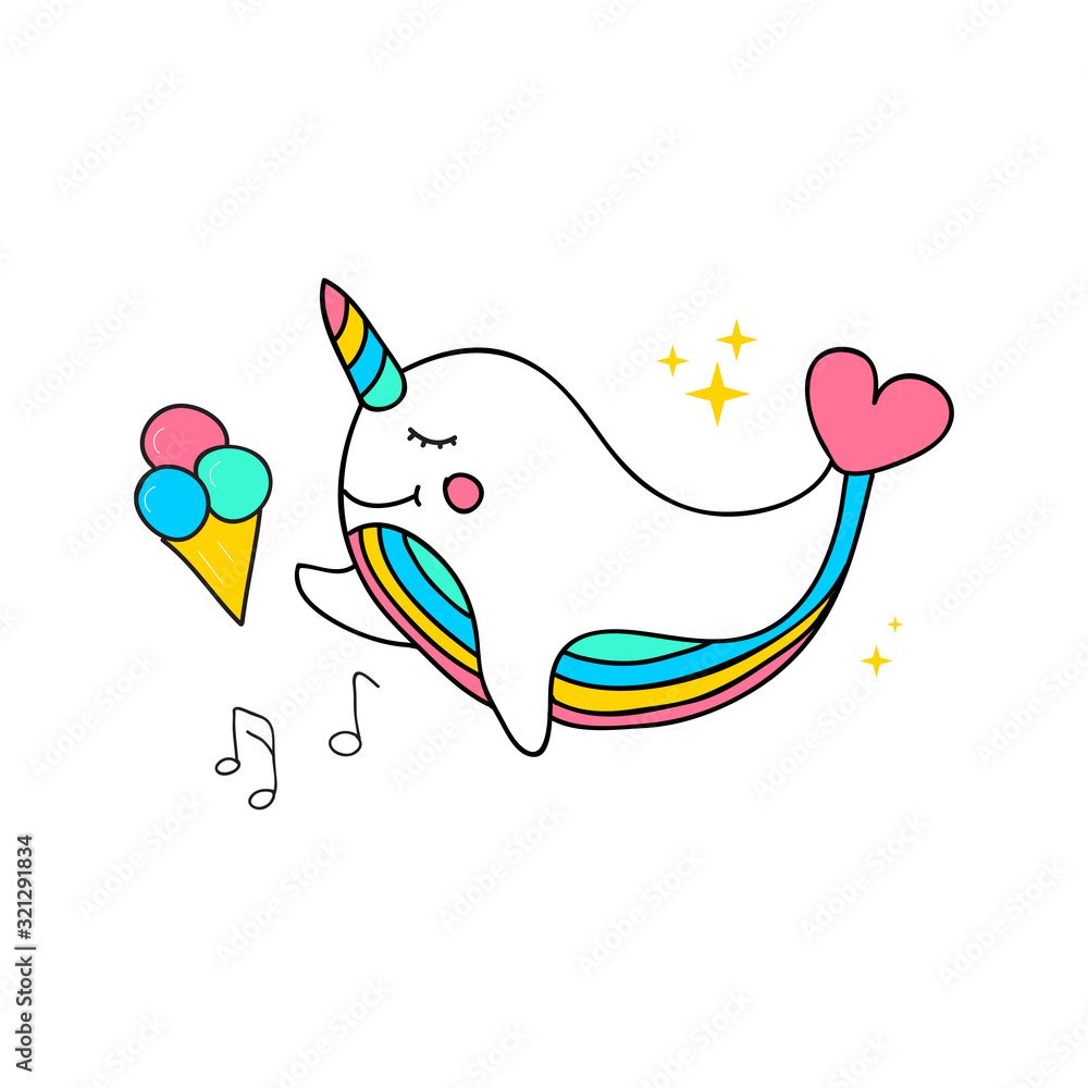 Unicorn whale with heart flipper vector icon isolated on white ...