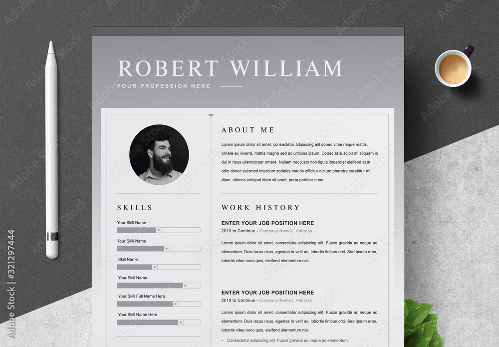 Resume Layout with Gray Header Stock Template | Adobe Stock
