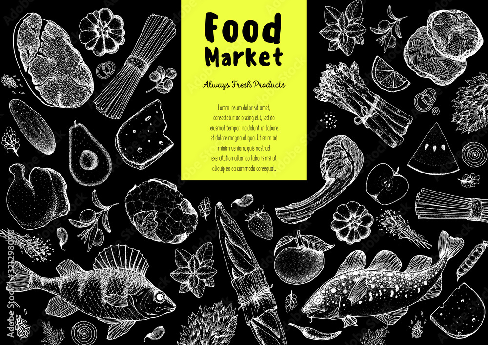 Food sketch. Vector illustration. Vegetables, fruits, meat hand drawn ...