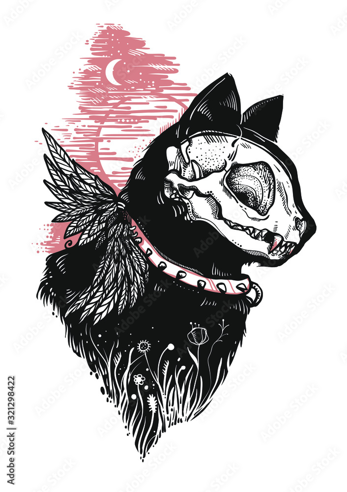 Hand drawn illustration with cat and cat skull. Graphic drawing. Gothic dark style. Black cat ...