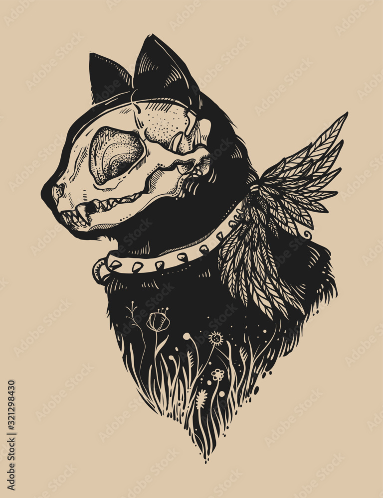 Hand drawn illustration with cat and cat skull. Graphic drawing. Gothic ...