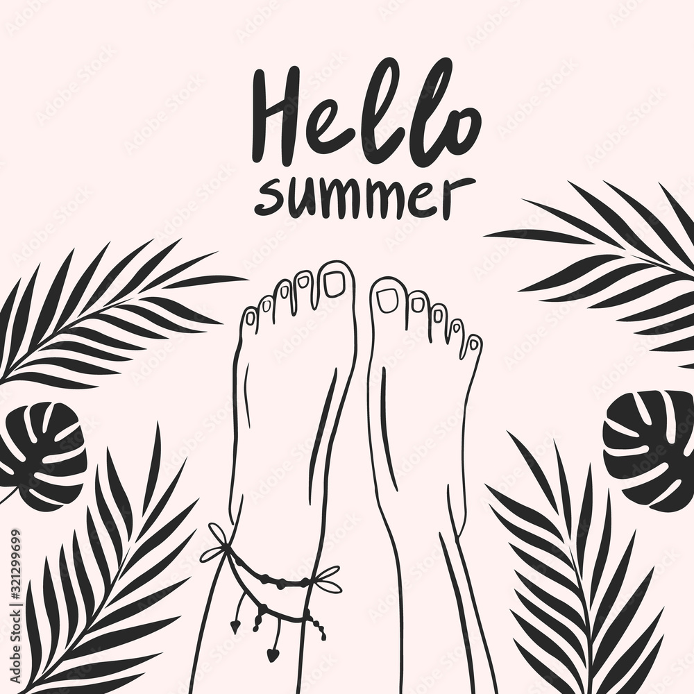 Bare feet with tropical leaves. Tropical leaves. Hello summer. Vector ...