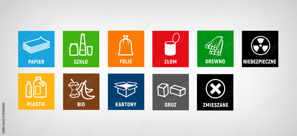 segregation of garbage different factions - icon set Stock Vector ...