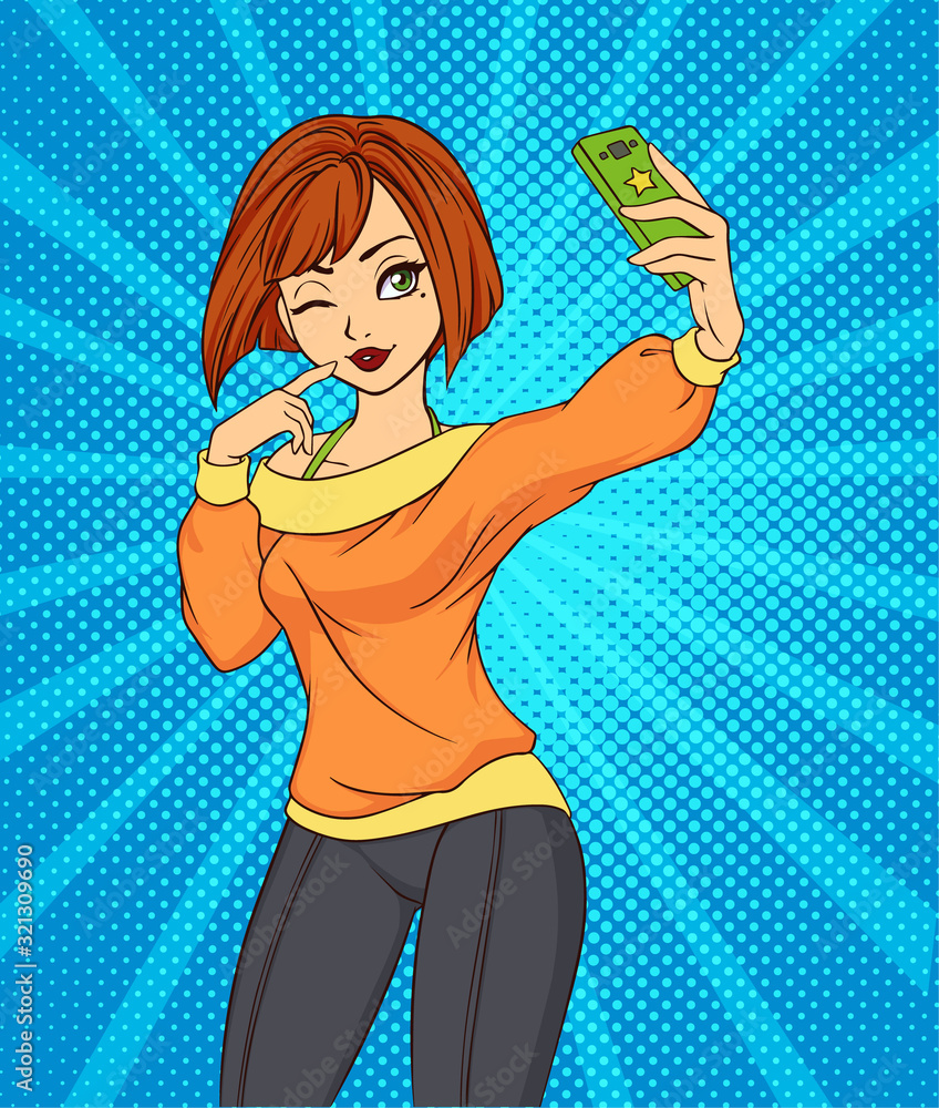 Sexy Cartoon Girl Takes A Selfie Pop Art Style Hand Drawn Vector