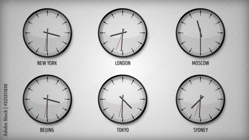 Design Clock Time Zone With Time World Capitals/ 4k animation of a ...