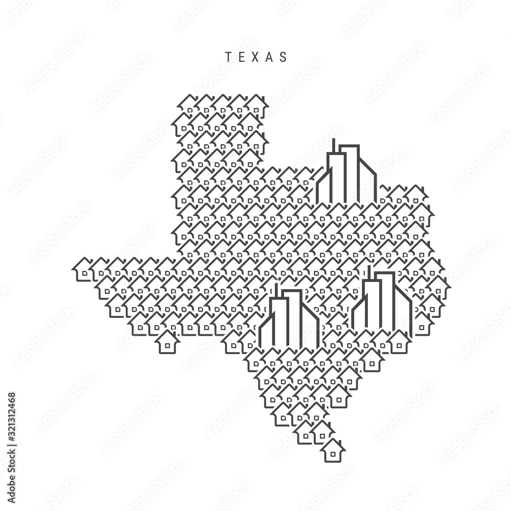 Texas real estate property map. Icons of houses in the shape of a map ...