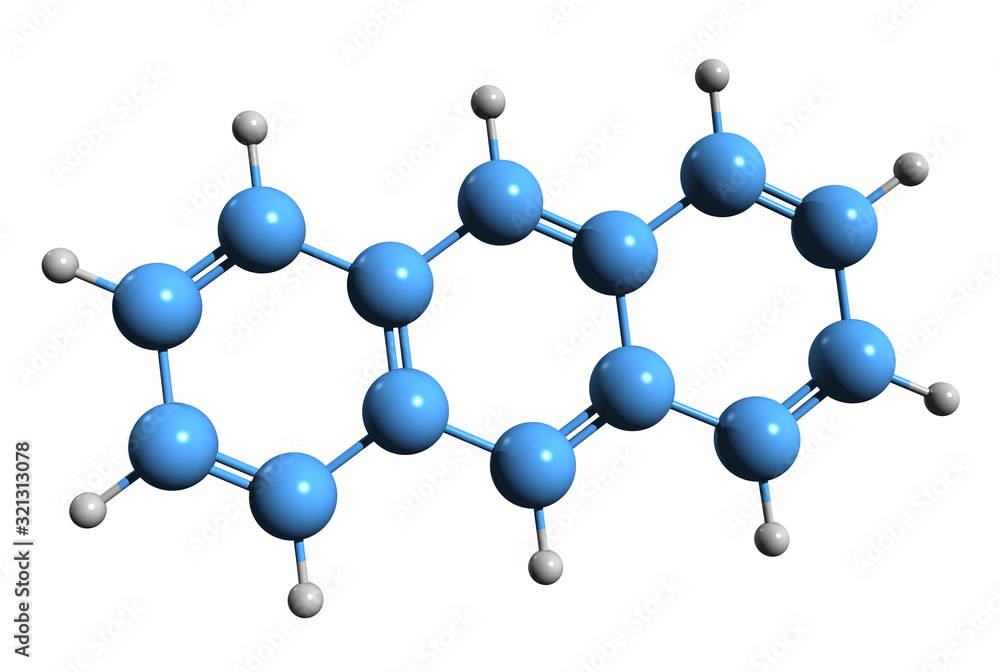 3D image of anthracene skeletal formula - molecular chemical structure of polycyclic aromatic ...