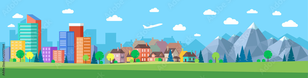 Flat vector cartoon style illustration of urban landscape road with ...