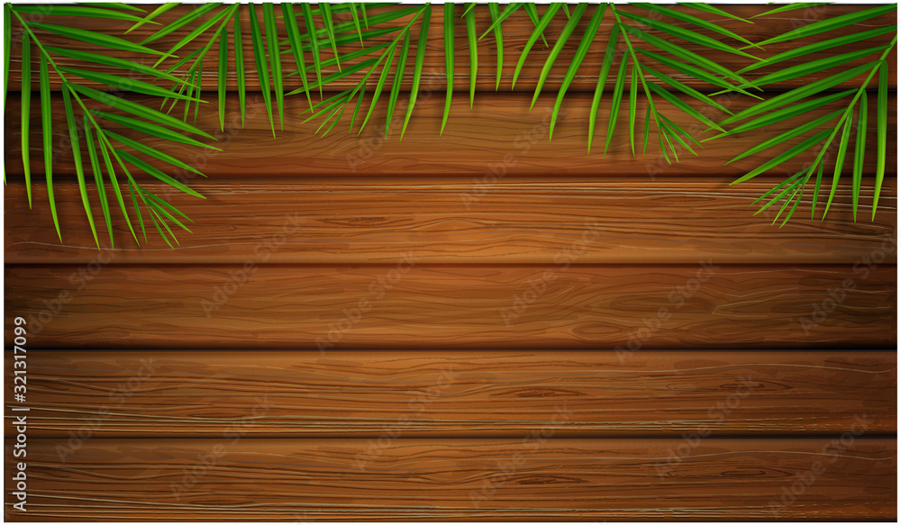 Palm tree leaves on vintage planked wood. Summer holiday (vacation ...