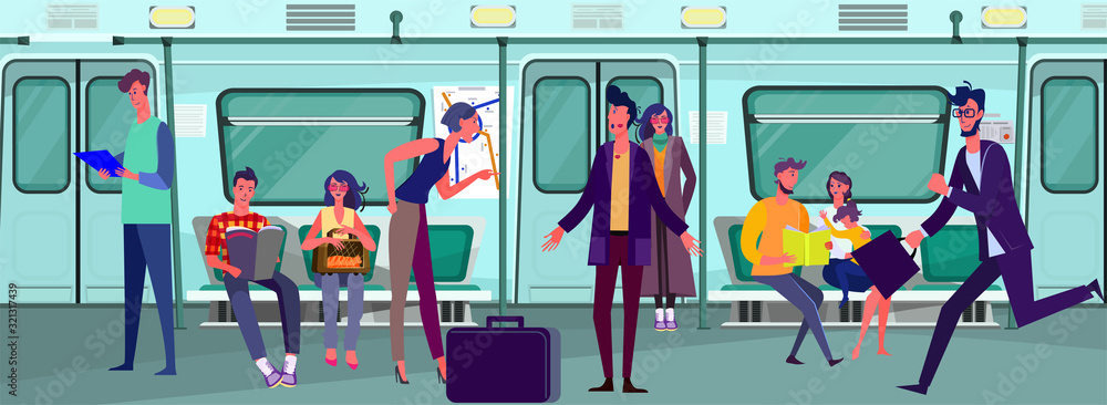 Passengers travelling by subway train. Commuters, carriage, quarrel ...