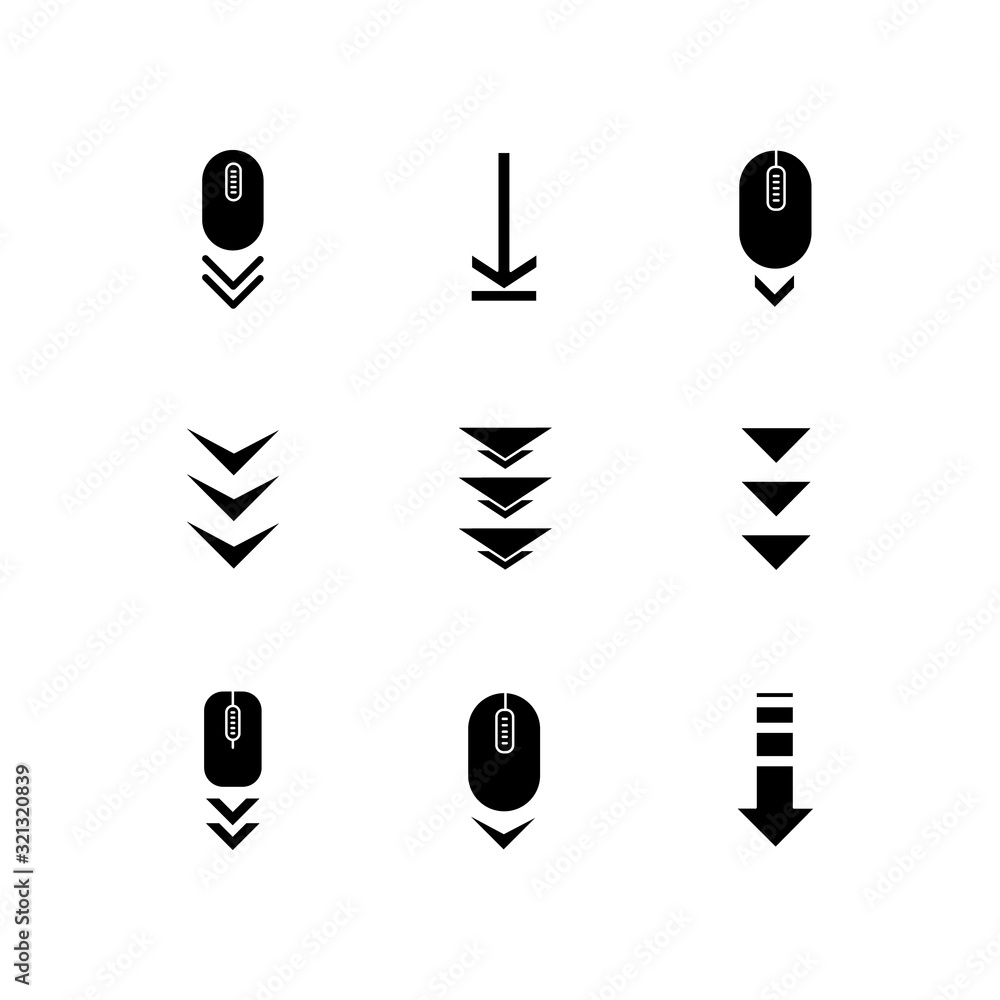 Scroll down buttons black glyph icons set on white space. Internet page ...