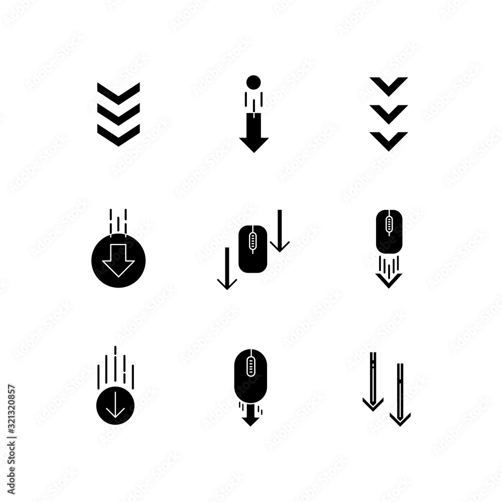 Scrolling down arrows black glyph icons set on white space. Computer mouse and arrowheads in ...