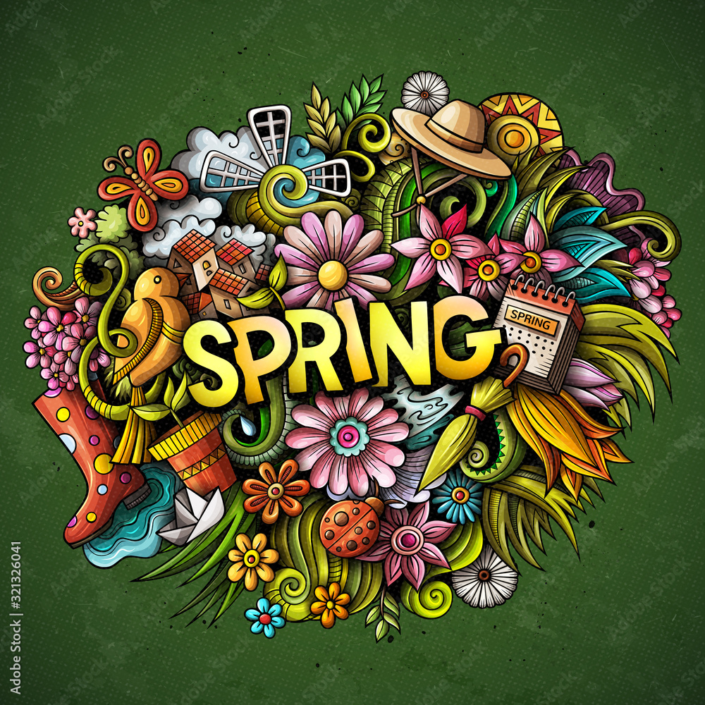Spring hand drawn cartoon doodles illustration. Funny seasonal design ...