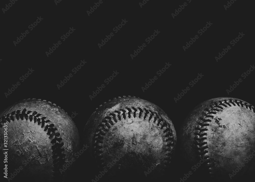 Moody baseball balls in black and white, dark grunge style sports ...
