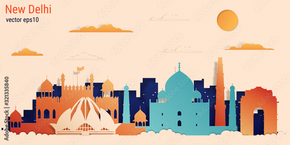New Delhi city colorful paper cut style, vector stock illustration ...
