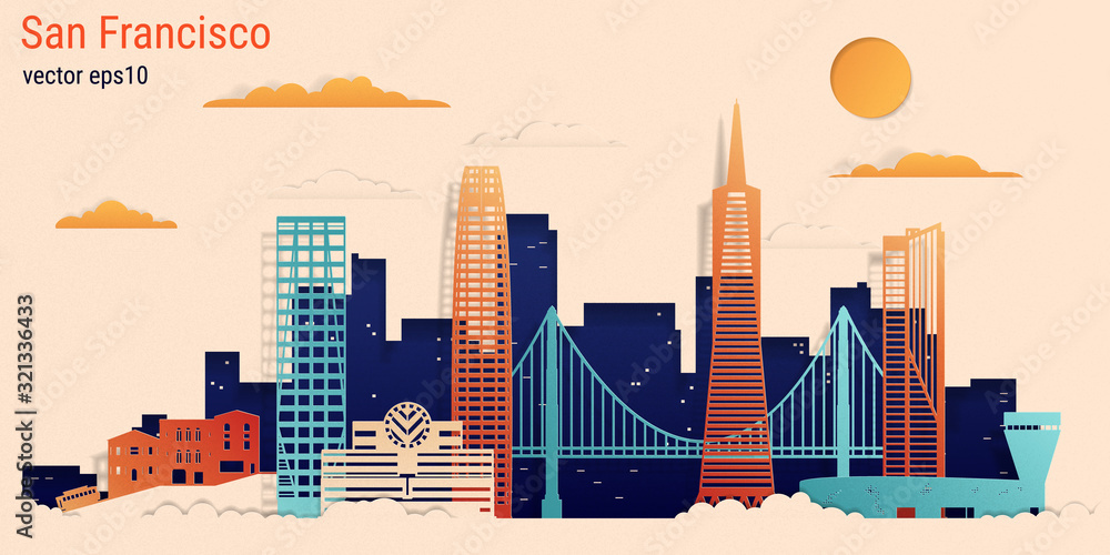 San Francisco city colorful paper cut style, vector stock illustration. Cityscape with all ...