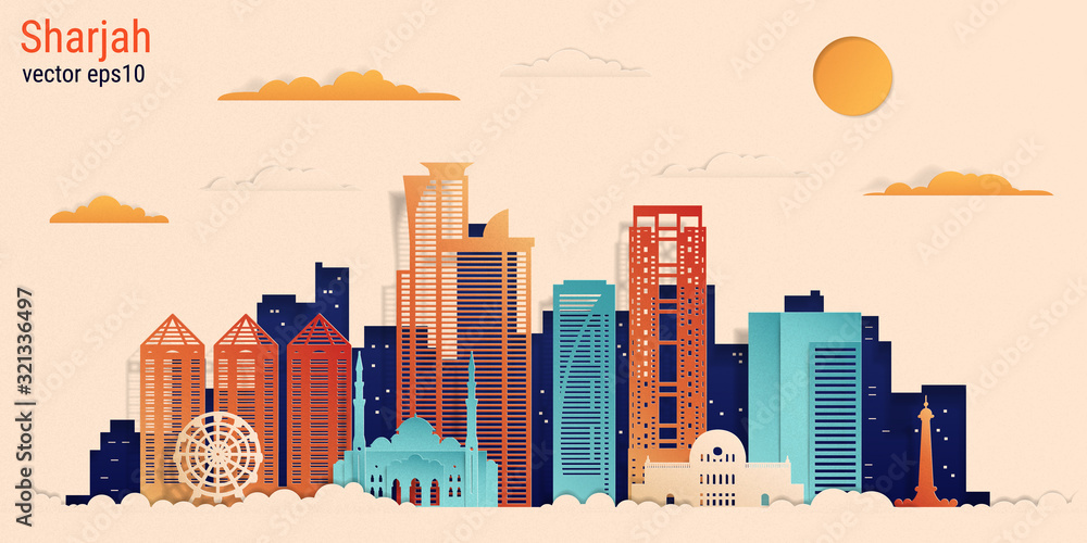 Sharjah city colorful paper cut style, vector stock illustration ...