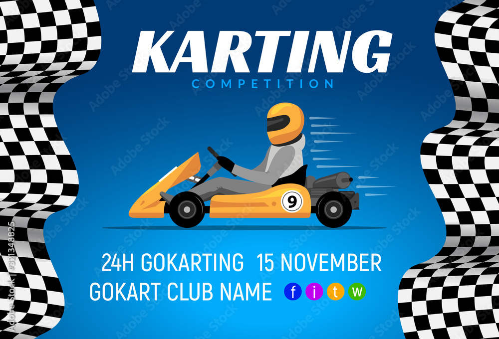 Go kart race background poster. Karting race car cartoon helmet driver ...