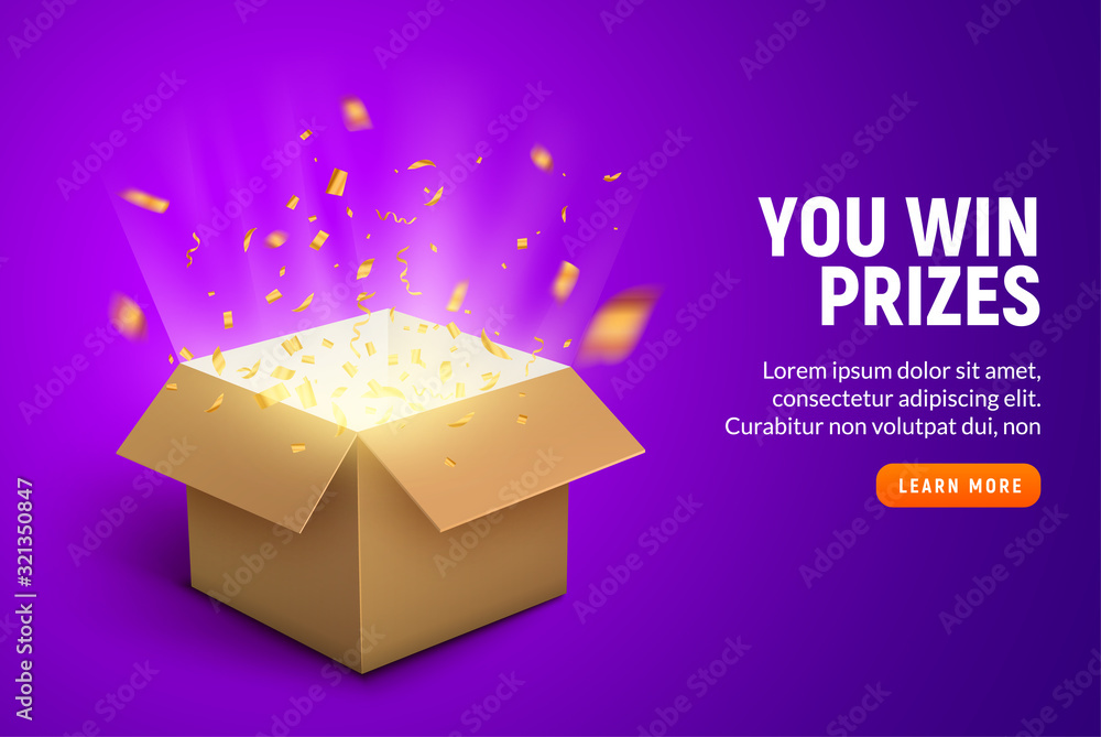 Vector prize gift box confetti explosion background. Open box winner ...