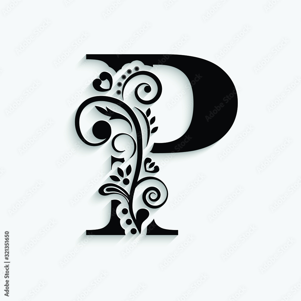 letter P. Black flower alphabet. Beautiful capital letters with shadow ...