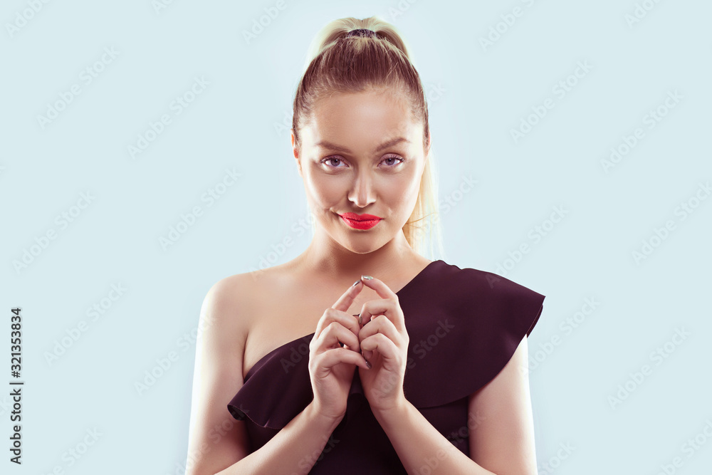 Plot. Closeup portrait of sneaky, sly, scheming young woman plotting ...