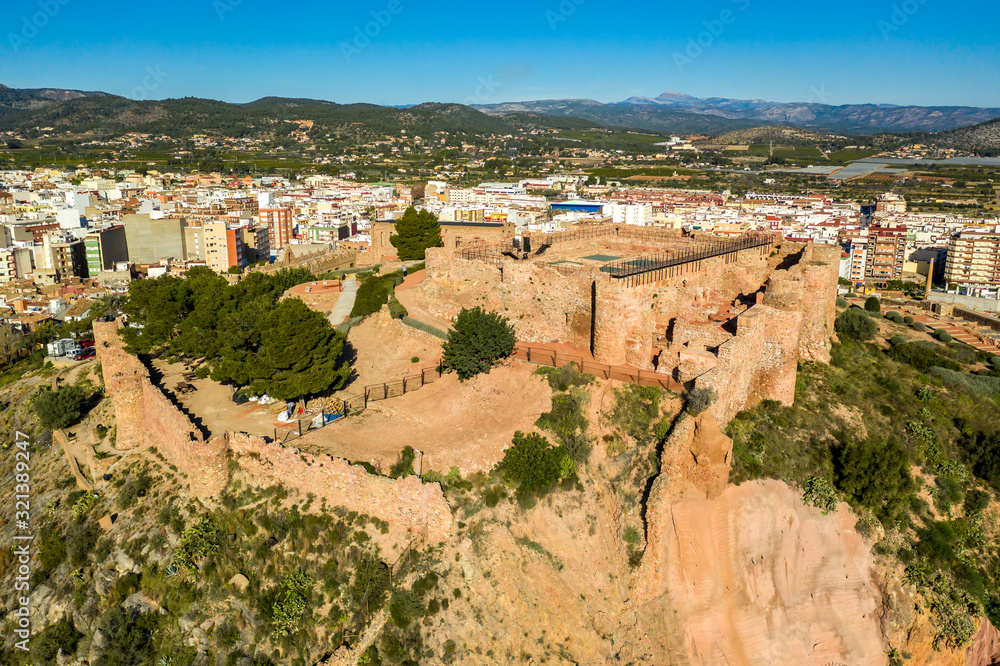 Aerial view of medieval Onda partially restored medieval castle ruin in ...