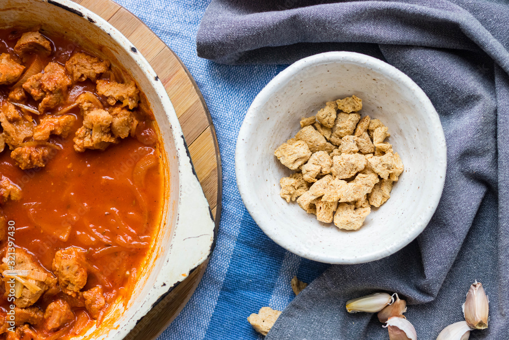 Soy meat, soya chunks, dry texturized vegan protein substitute of meat ...