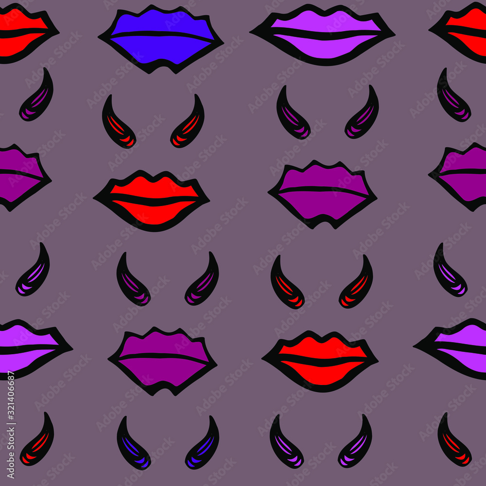 Vector illustration.Close-up abstract drawing of devil lips and horns ...