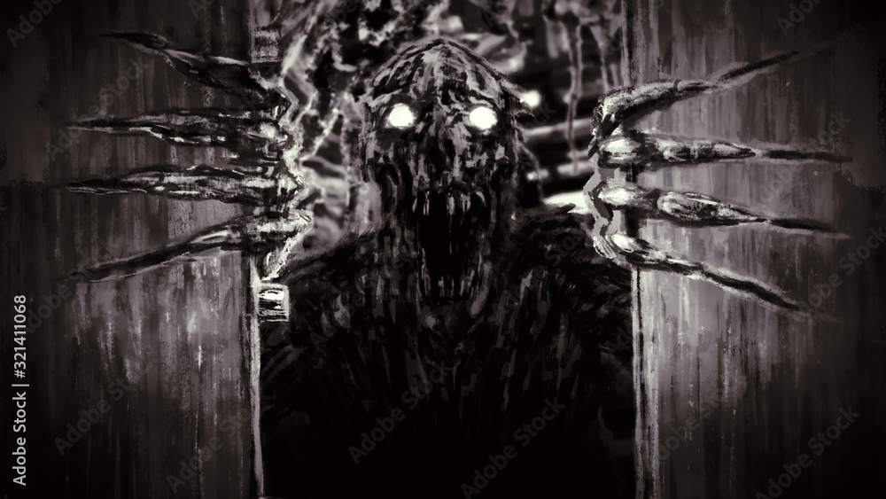 Ilustrace „Enraged zombie monster opens bunker doors and growls.“ ze ...