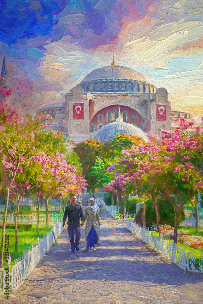 Turkish couples walking in the park in front of Hagia Sophia Museum in ...