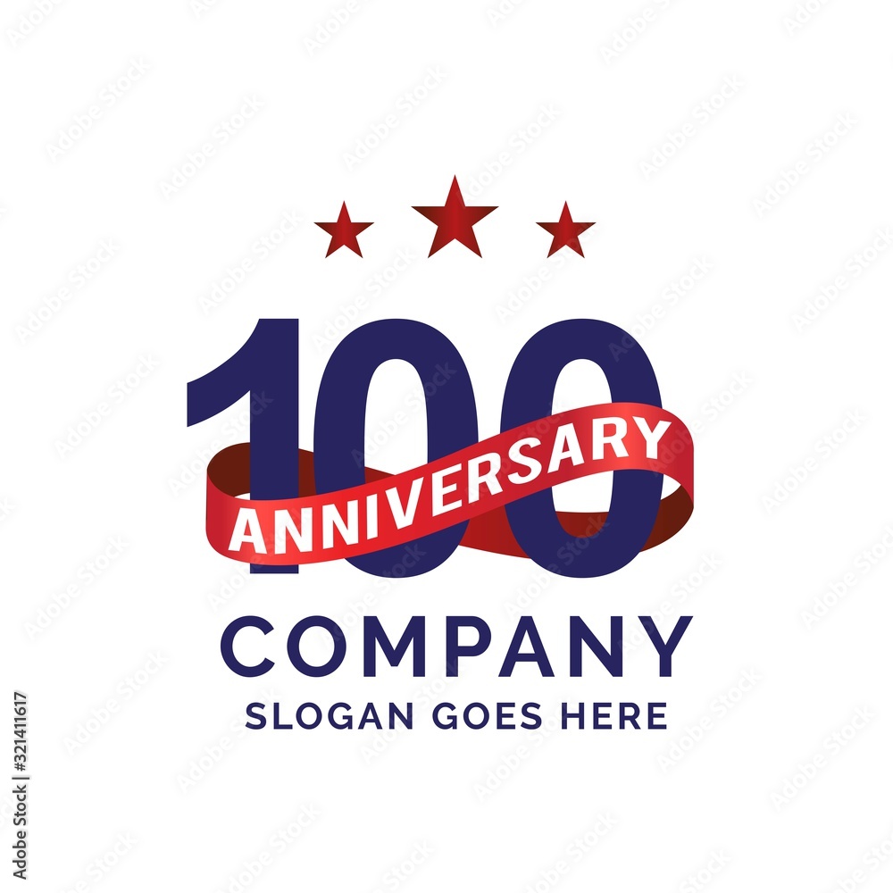 100 years anniversary logo with blue text and red ribbon Stock Vector ...