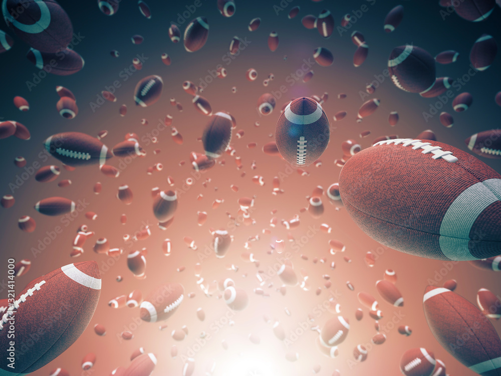 3D Football explosion and balls fly around in front of a bright bokeh ...