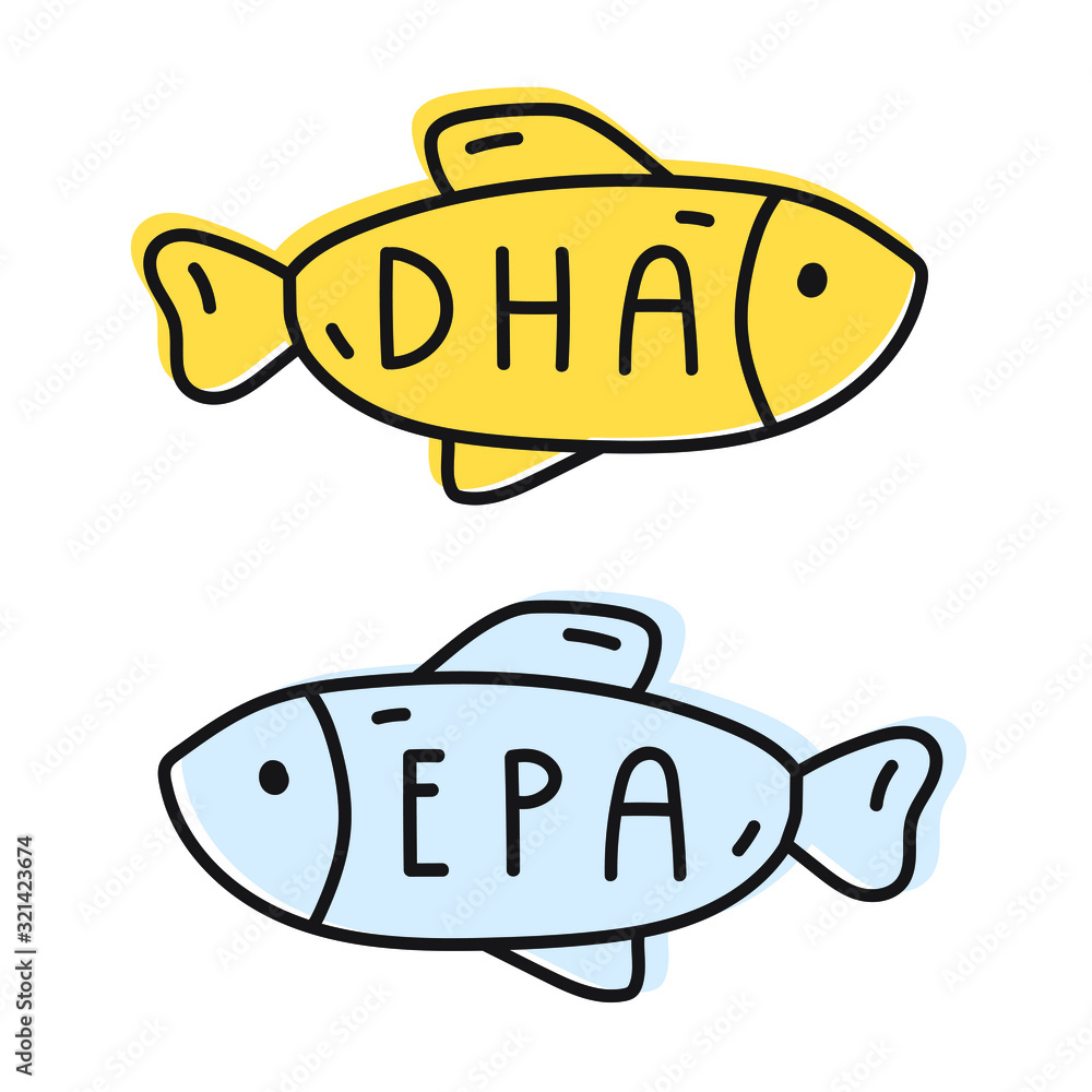 Nutrition concept. Fish icons with words - dha, epa. Vector hand drawn ...