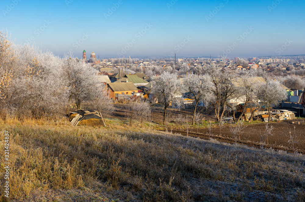 Peaceful autumnal morning landscape with peasant houses buried in ...