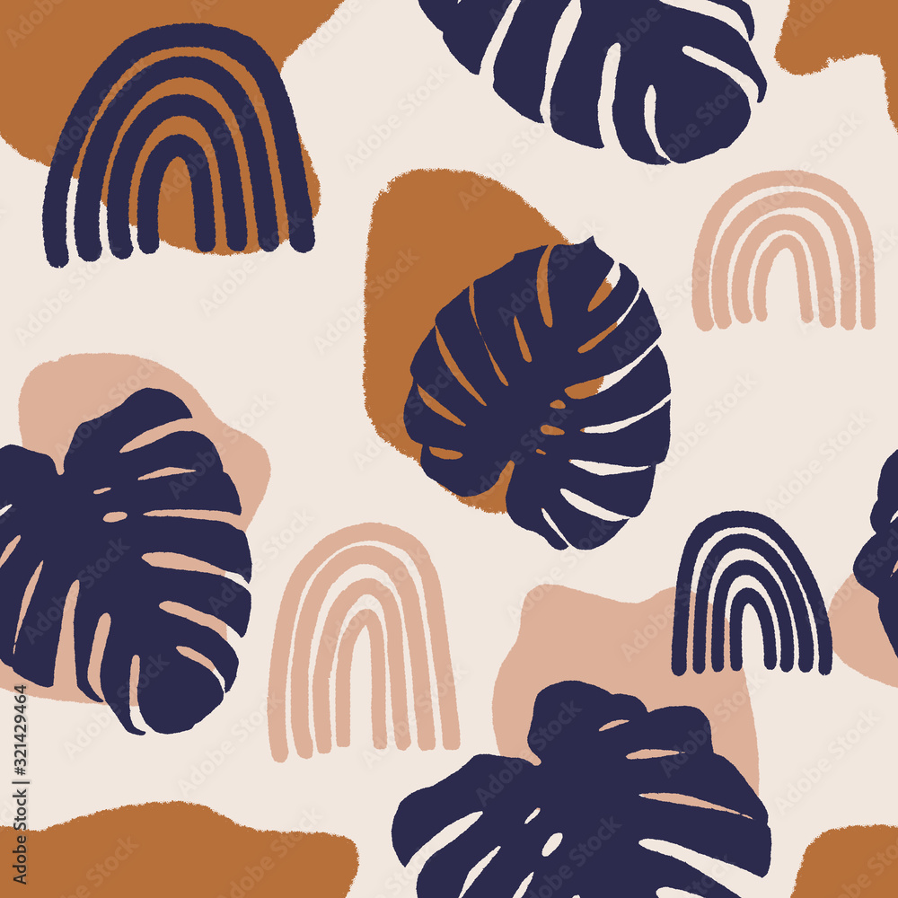 Palm leaf seamless pattern, boho rainbows, organic shapes, hand drawn ...