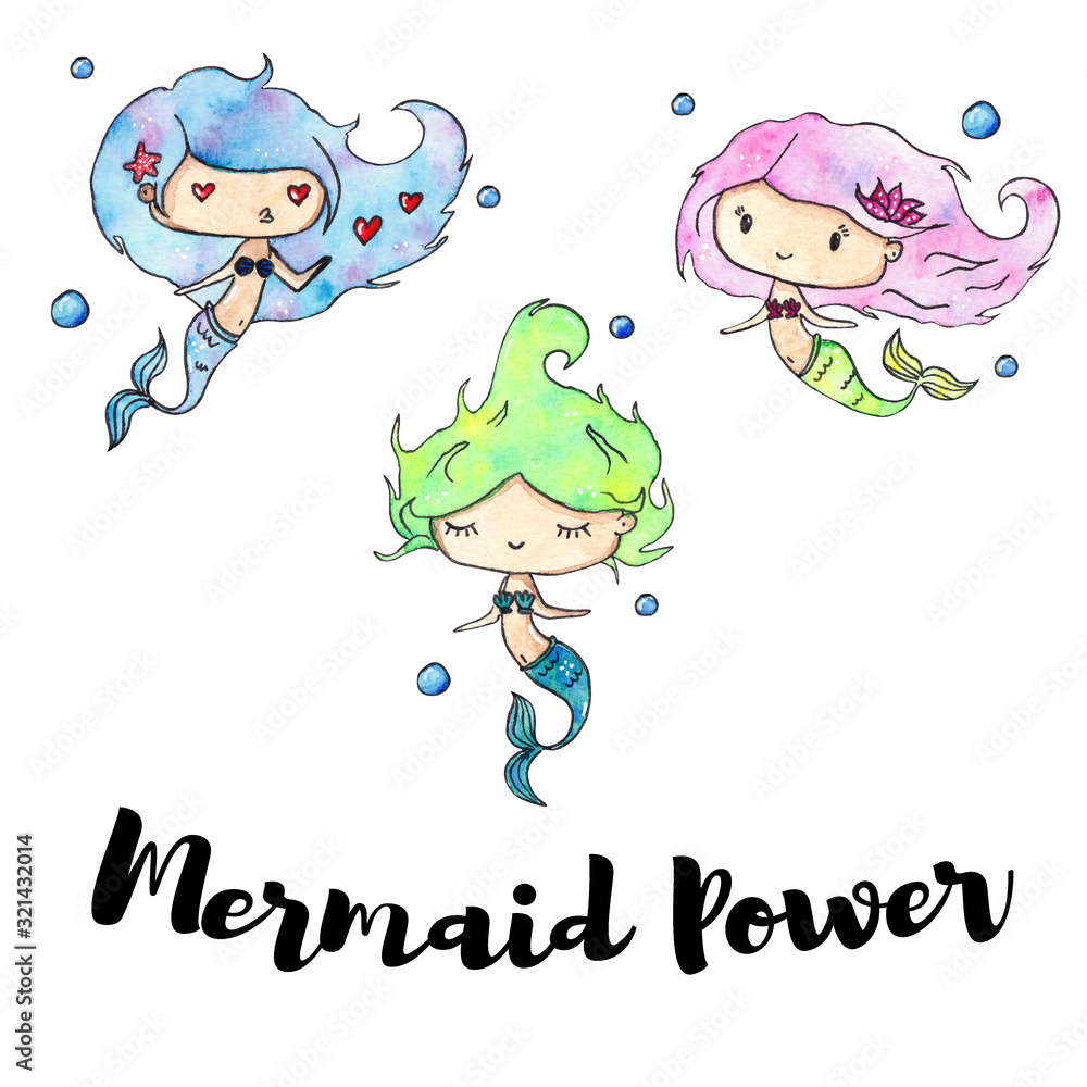 Watercolor ocean cartoon isolated mermaids character set. Ocean theme ...