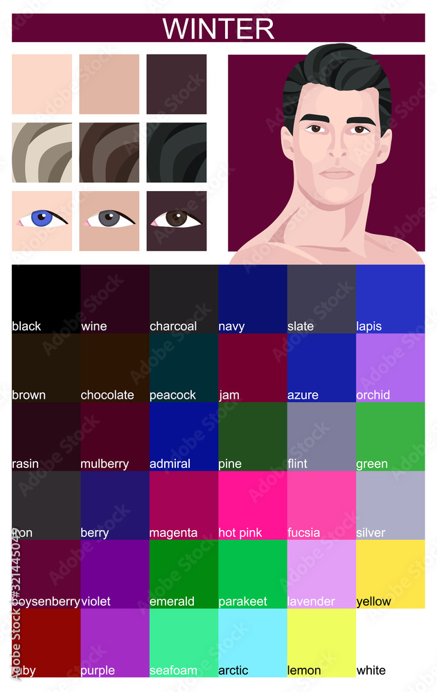 Stock vector color guide with color names. Eyes, skin, hair color ...