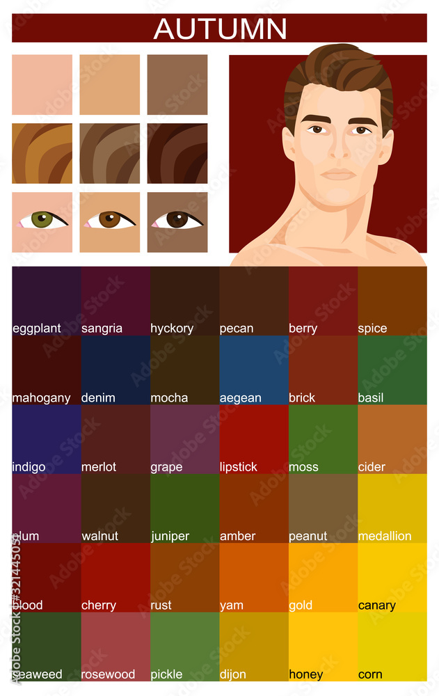 Stock vector color guide with color names. Eyes, skin, hair color ...