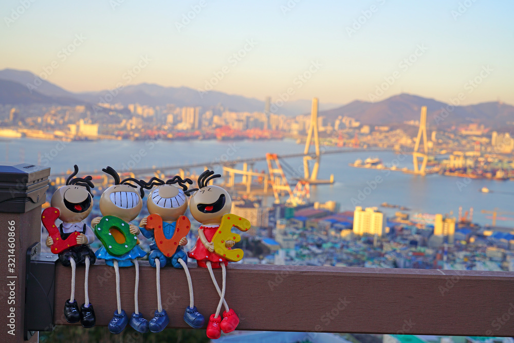 Love dolls with Busan port vew background Busan Korea Stock Photo ...