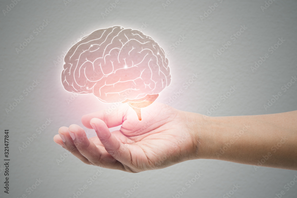 Man holding brain illustration against gray wall background. Concept ...