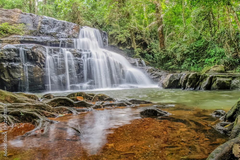 view of cascade silky water flowing from rock cliff around with green ...