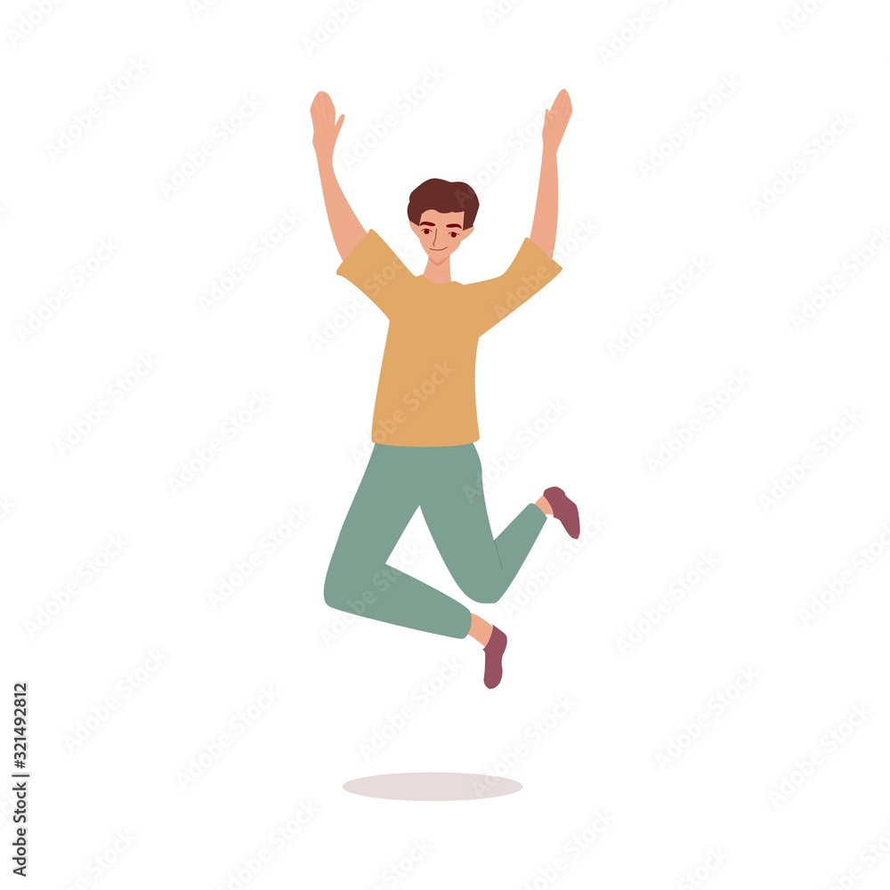 Cheerful man jumping high in the air, flat cartoon vector illustration ...